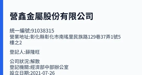 營鑫金屬股份有限公司的照片-統編 91038315(彰化縣) 公司登記資料與營業項目詳細圖表