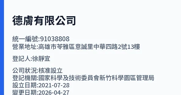 德膚有限公司的照片-統編 91038808(高雄市) 公司登記資料與營業項目詳細圖表
