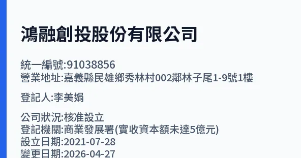 鴻融創投股份有限公司的照片-統編 91038856(嘉義縣) 公司登記資料與營業項目詳細圖表