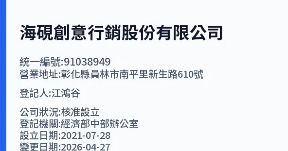 海硯創意行銷股份有限公司的照片-統編 91038949(彰化縣) 公司登記資料與營業項目詳細圖表