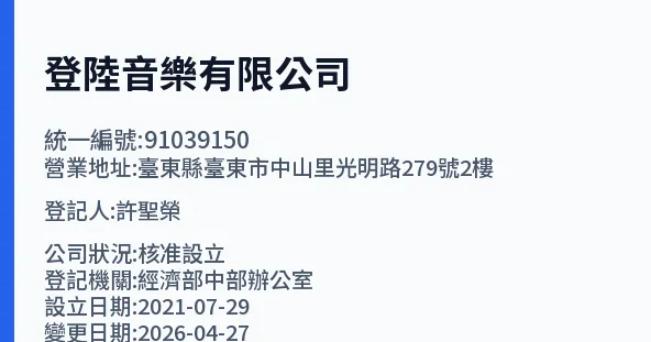 登陸音樂有限公司的照片-統編 91039150(臺東縣) 公司登記資料與營業項目詳細圖表