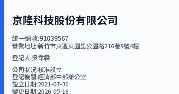 京隆科技股份有限公司的照片-統編 91039567(新竹市) 公司登記資料與營業項目詳細圖表