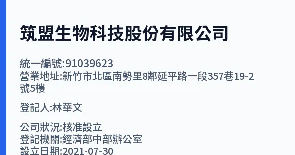 筑盟生物科技股份有限公司的照片-統編 91039623(新竹市) 公司登記資料與營業項目詳細圖表