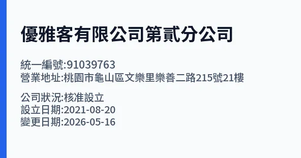 優雅客有限公司第貳分公司的照片-統編 91039763(桃園市) 公司登記資料與營業項目詳細圖表