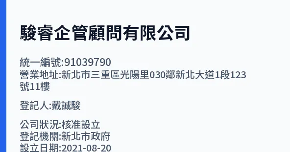 駿睿企管顧問有限公司的照片-統編 91039790(新北市) 公司登記資料與營業項目詳細圖表