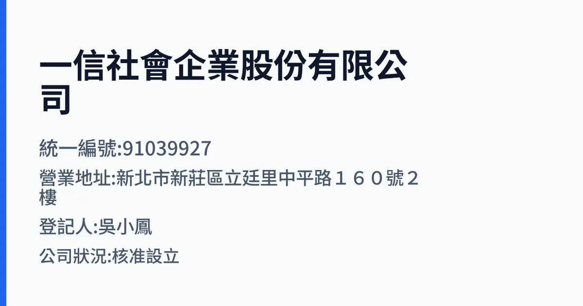 一信社會企業股份有限公司 - 統編 91039927(新北市) 公司登記資料與營業項目詳細圖表