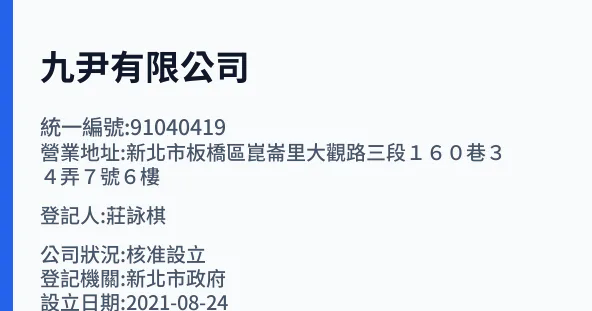九尹有限公司的照片-統編 91040419(新北市) 公司登記資料與營業項目詳細圖表