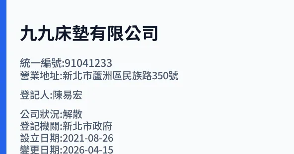 九九床墊有限公司的照片-統編 91041233(新北市) 公司登記資料與營業項目詳細圖表