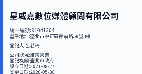 星威嘉數位媒體顧問有限公司的照片-統編 91041304(臺北市) 公司登記資料與營業項目詳細圖表
