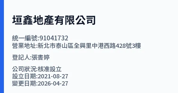 垣鑫地產有限公司的照片-統編 91041732(新北市) 公司登記資料與營業項目詳細圖表