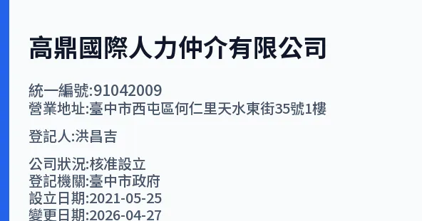 高鼎國際人力仲介有限公司的照片-統編 91042009(臺中市) 公司登記資料與營業項目詳細圖表