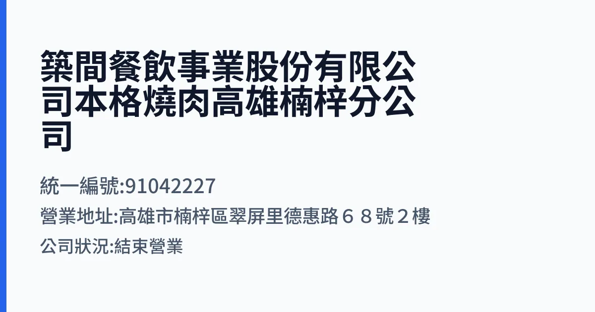築間餐飲事業股份有限公司本格燒肉高雄楠梓分公司 - 統編 91042227(高雄市) 公司登記資料與營業項目詳細圖表