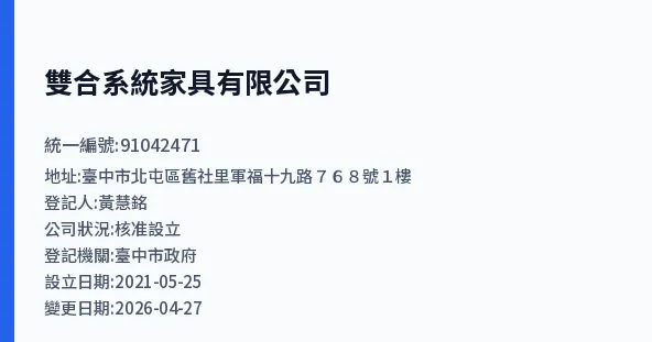 雙合系統家具有限公司的照片-統編 91042471(臺中市) 公司登記資料與營業項目詳細圖表