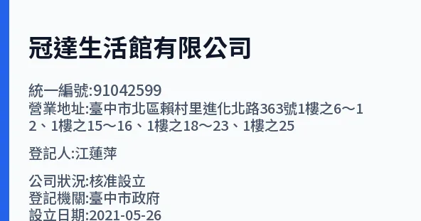 冠達生活館有限公司的照片-統編 91042599(臺中市) 公司登記資料與營業項目詳細圖表