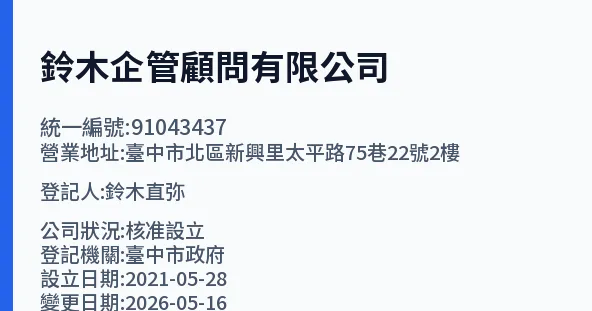 鈴木企管顧問有限公司的照片-統編 91043437(臺中市) 公司登記資料與營業項目詳細圖表