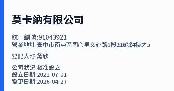 莫卡納有限公司的照片-統編 91043921(臺中市) 公司登記資料與營業項目詳細圖表