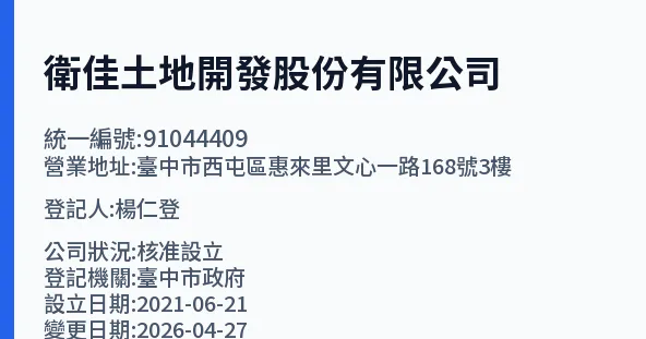 衛佳土地開發股份有限公司的照片-統編 91044409(臺中市) 公司登記資料與營業項目詳細圖表