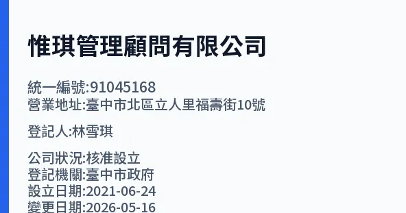 惟琪管理顧問有限公司的照片-統編 91045168(臺中市) 公司登記資料與營業項目詳細圖表