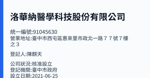 洛華納醫學科技股份有限公司的照片-統編 91045630(臺中市) 公司登記資料與營業項目詳細圖表