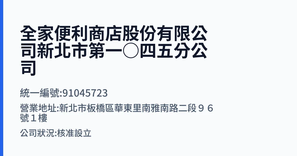 全家便利商店股份有限公司新北市第一○四五分公司 - 統編 91045723(新北市) 公司登記資料與營業項目詳細圖表