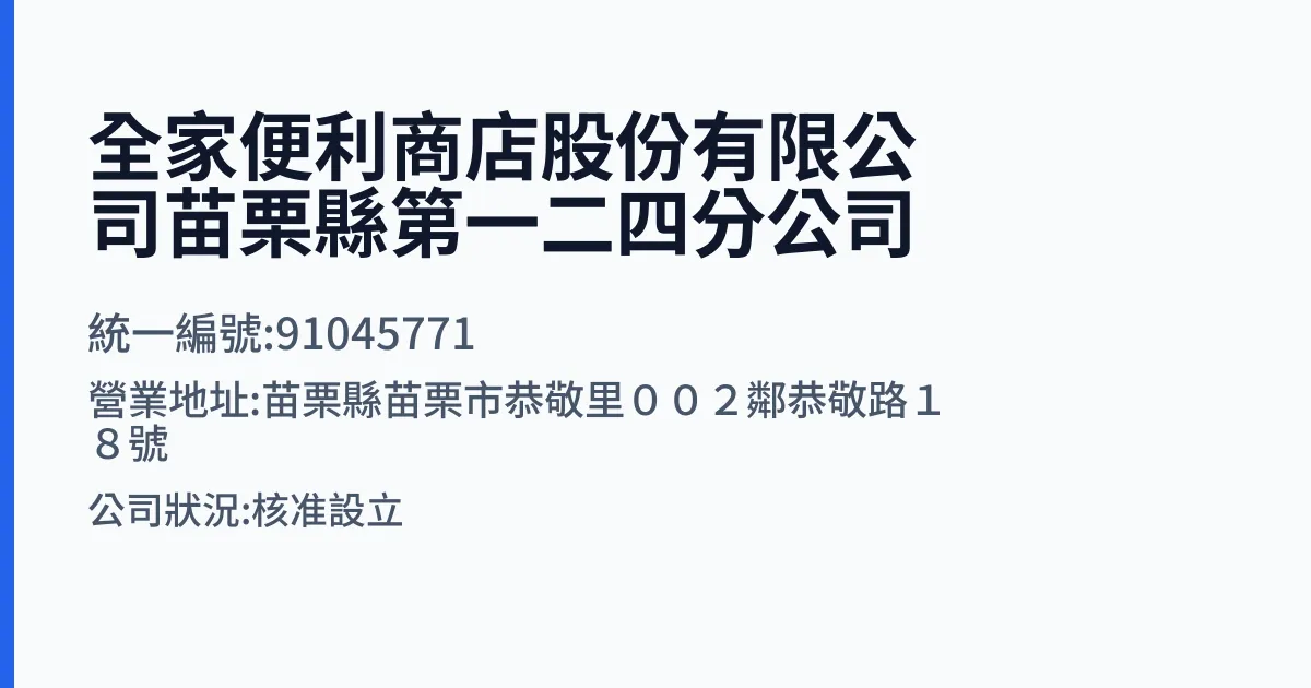 全家便利商店股份有限公司苗栗縣第一二四分公司 - 統編 91045771（苗栗縣） 公司登記資料與營業項目詳細圖表
