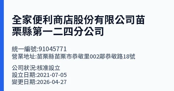 全家便利商店股份有限公司苗栗縣第一二四分公司的照片-統編 91045771(苗栗縣) 公司登記資料與營業項目詳細圖表