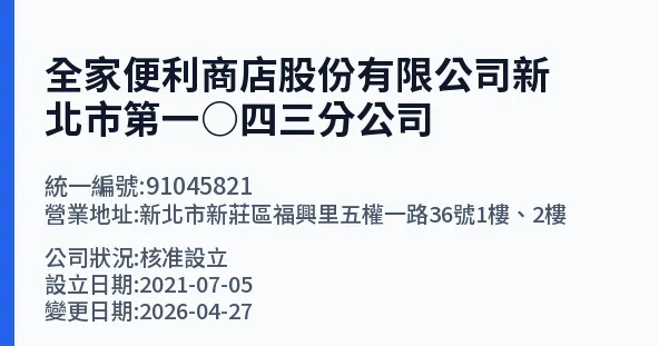全家便利商店股份有限公司新北市第一○四三分公司的照片-統編 91045821(新北市) 公司登記資料與營業項目詳細圖表