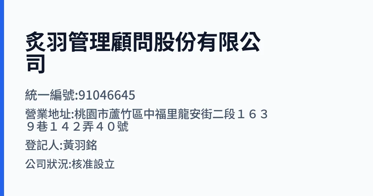 炙羽管理顧問股份有限公司 - 統編 91046645(臺北市) 公司登記資料與營業項目詳細圖表