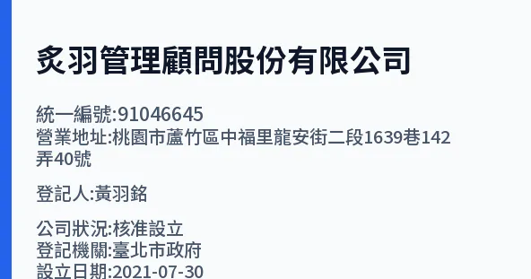 炙羽管理顧問股份有限公司的照片-統編 91046645(桃園市) 公司登記資料與營業項目詳細圖表