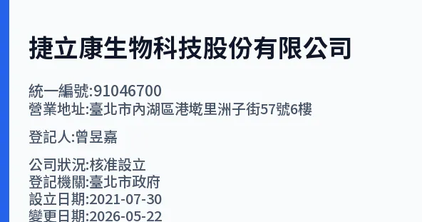 捷立康生物科技股份有限公司的照片-統編 91046700(臺北市) 公司登記資料與營業項目詳細圖表