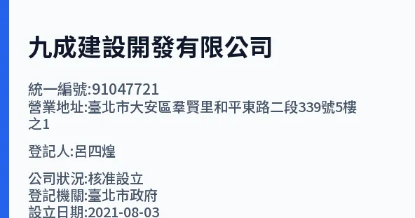 九成建設開發有限公司的照片-統編 91047721(臺北市) 公司登記資料與營業項目詳細圖表