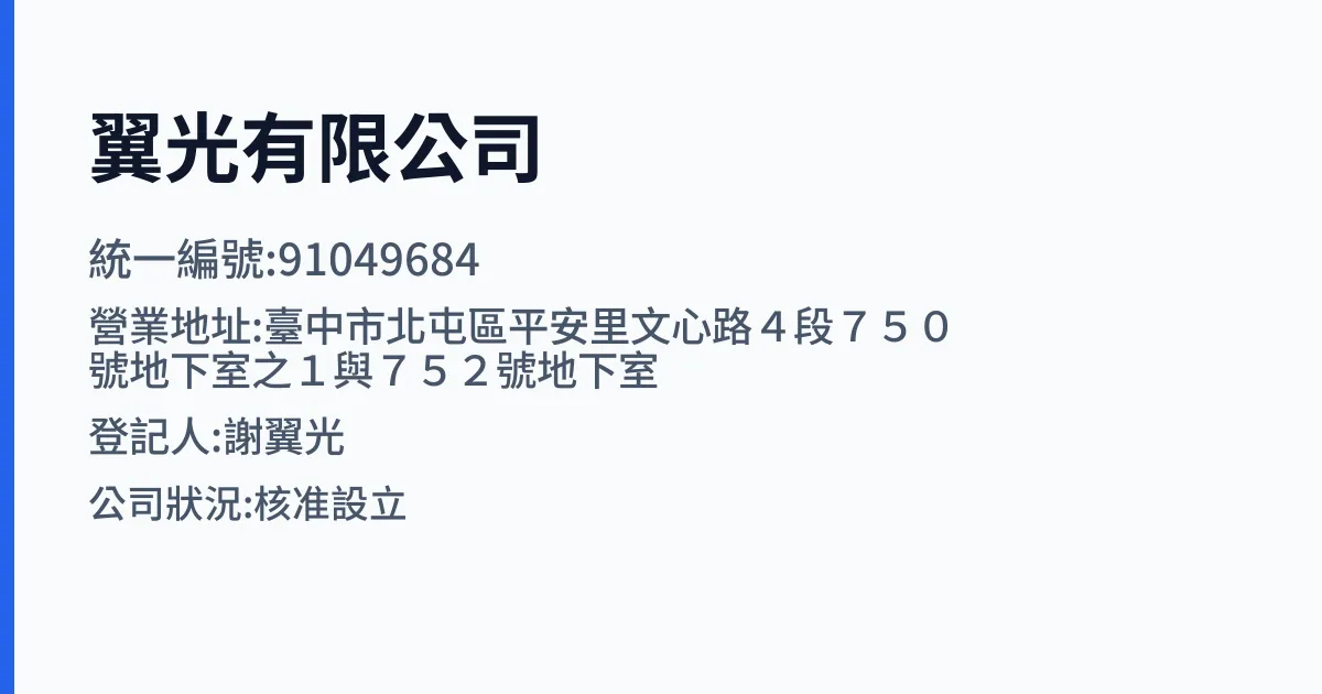 翼光有限公司 - 統編 91049684(臺中市) 公司登記資料與營業項目詳細圖表