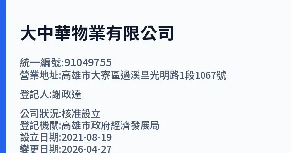 大中華物業有限公司的照片-統編 91049755(高雄市) 公司登記資料與營業項目詳細圖表