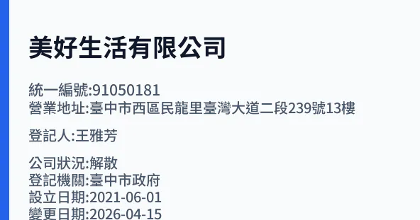 美好生活有限公司的照片-統編 91050181(臺中市) 公司登記資料與營業項目詳細圖表