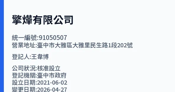 擎燁有限公司的照片-統編 91050507(臺中市) 公司登記資料與營業項目詳細圖表