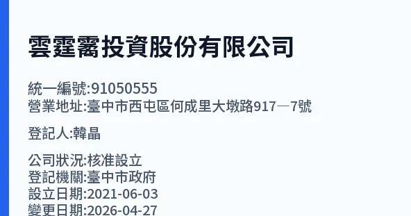 雲霆霱投資股份有限公司的照片-統編 91050555(臺中市) 公司登記資料與營業項目詳細圖表