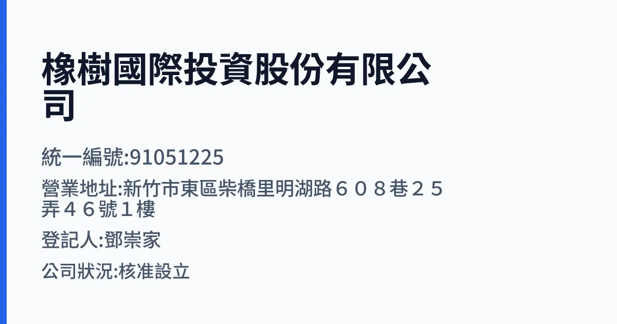 橡樹國際投資股份有限公司 - 統編 91051225(新竹市) 公司登記資料與營業項目詳細圖表