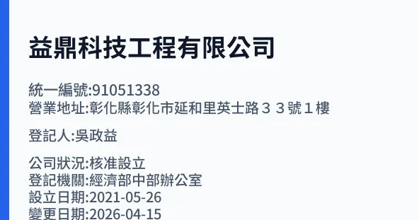 益鼎科技工程有限公司的照片-統編 91051338(彰化縣) 公司登記資料與營業項目詳細圖表