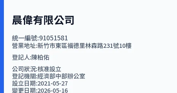 晨偉有限公司的照片-統編 91051581(新竹市) 公司登記資料與營業項目詳細圖表