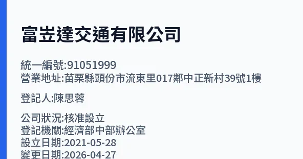 富岦達交通有限公司的照片-統編 91051999(苗栗縣) 公司登記資料與營業項目詳細圖表