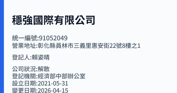穩強國際有限公司的照片-統編 91052049(彰化縣) 公司登記資料與營業項目詳細圖表