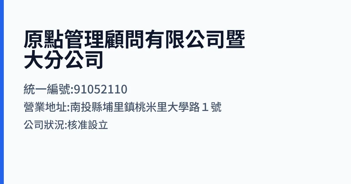 原點管理顧問有限公司暨大分公司 - 統編 91052110(南投縣) 公司登記資料與營業項目詳細圖表