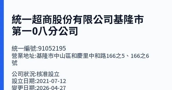 統一超商股份有限公司基隆市第一0八分公司的照片-統編 91052195(基隆市) 公司登記資料與營業項目詳細圖表
