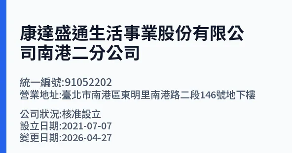 康達盛通生活事業股份有限公司南港二分公司的照片-統編 91052202(臺北市) 公司登記資料與營業項目詳細圖表