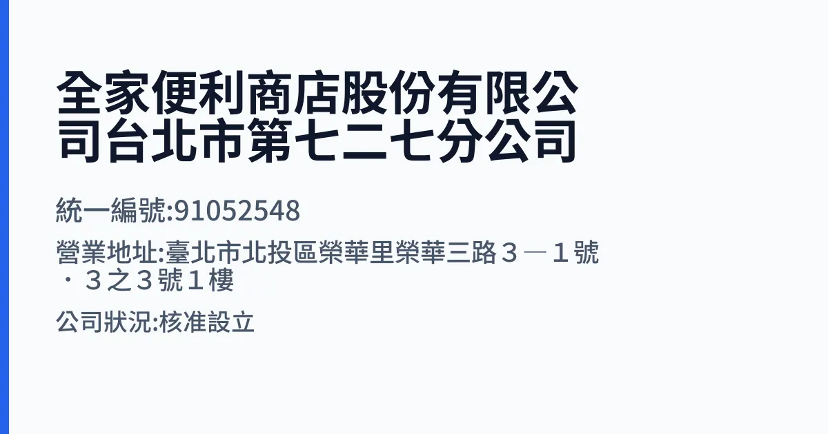 全家便利商店股份有限公司台北市第七二七分公司 - 統編 91052548(臺北市) 公司登記資料與營業項目詳細圖表