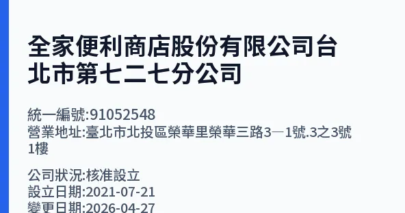 全家便利商店股份有限公司台北市第七二七分公司的照片-統編 91052548(臺北市) 公司登記資料與營業項目詳細圖表