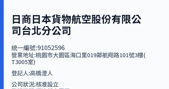 日商日本貨物航空股份有限公司台北分公司的照片-統編 91052596(桃園市) 公司登記資料與營業項目詳細圖表