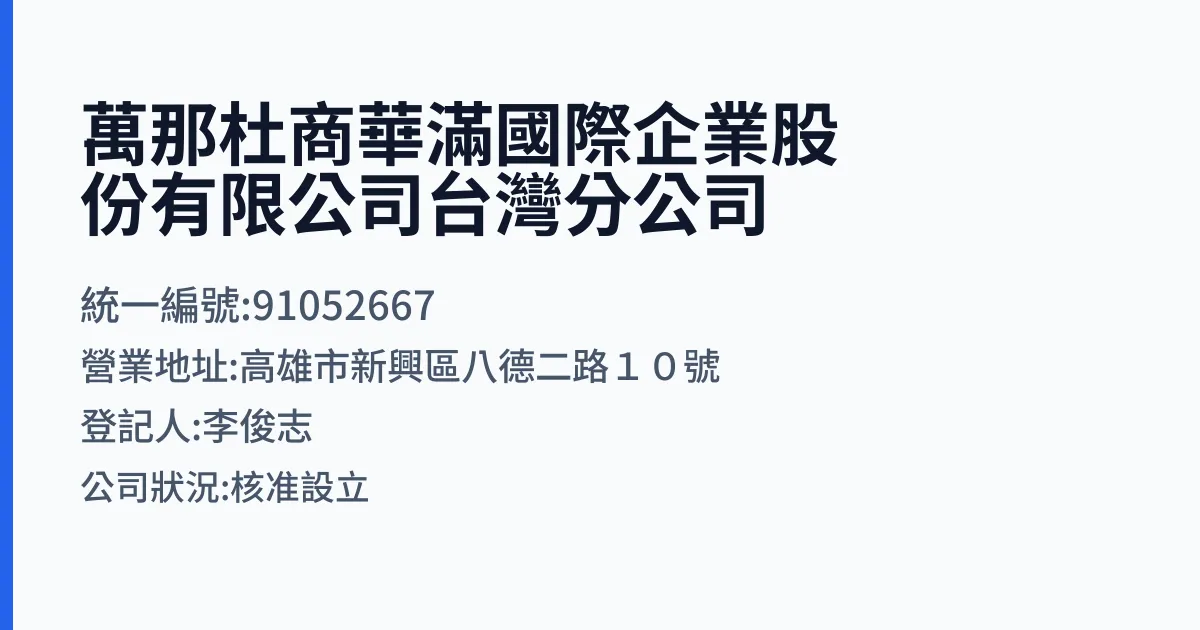 萬那杜商華滿國際企業股份有限公司台灣分公司 - 統編 91052667(高雄市) 公司登記資料與營業項目詳細圖表