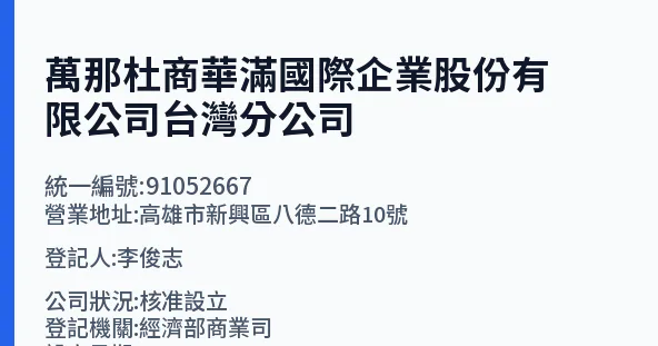 萬那杜商華滿國際企業股份有限公司台灣分公司的照片-統編 91052667(高雄市) 公司登記資料與營業項目詳細圖表