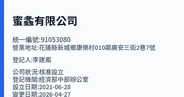蜜螽有限公司的照片-統編 91053080(花蓮縣) 公司登記資料與營業項目詳細圖表